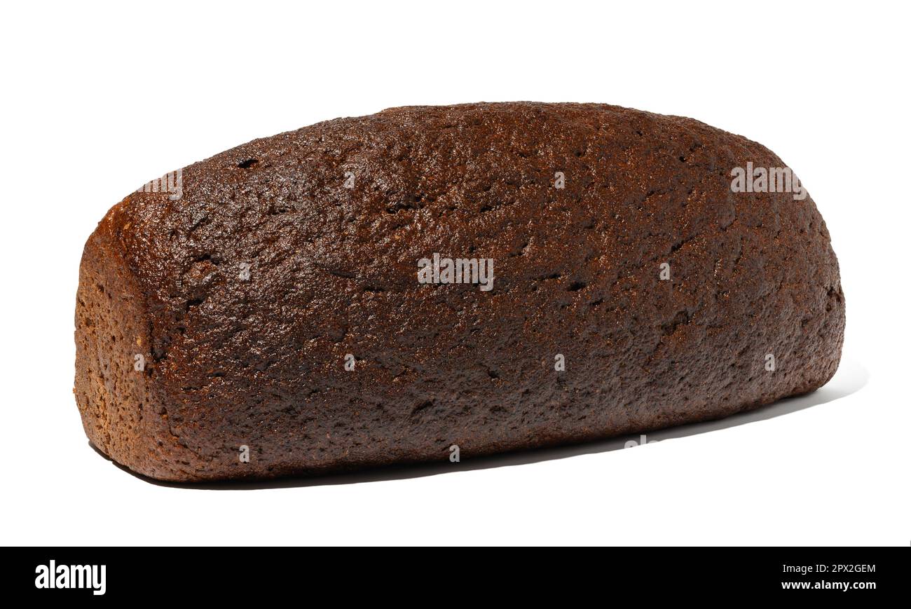 Baked rye flour bread in the shape of a brick on a white isolated ...