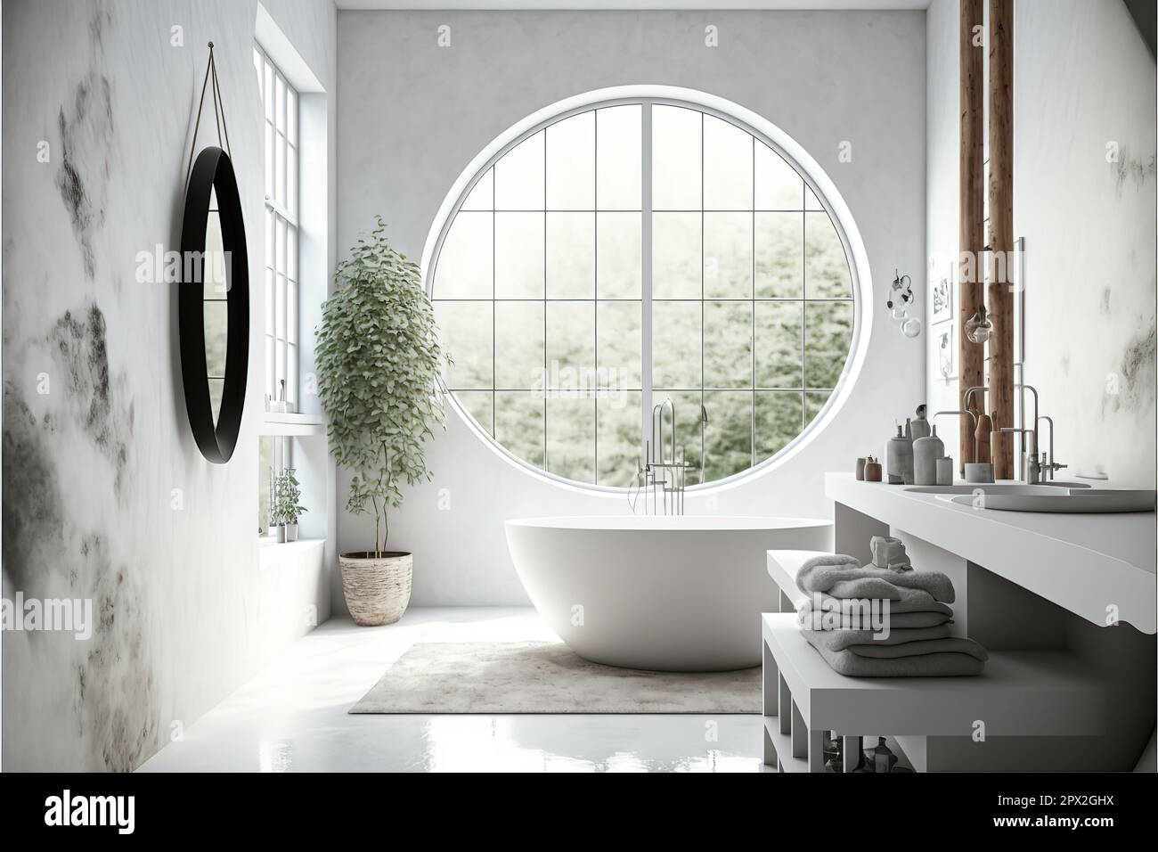 Modern white bathroom interior with a loft window, a horizontal poster ...