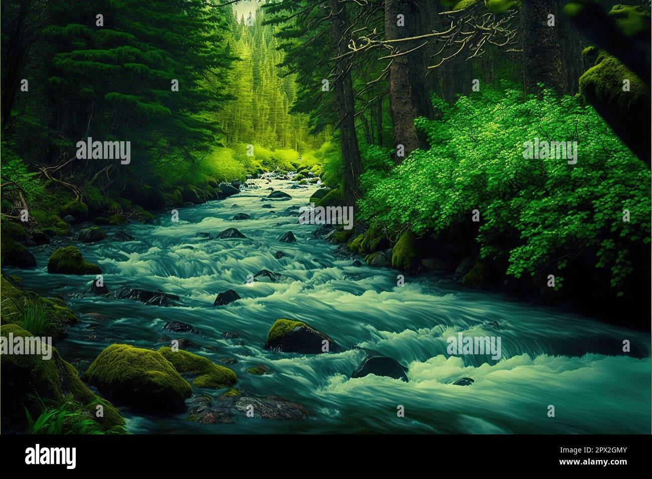 Mountain river flowing in a deep green forrest. Long exposere, water ...