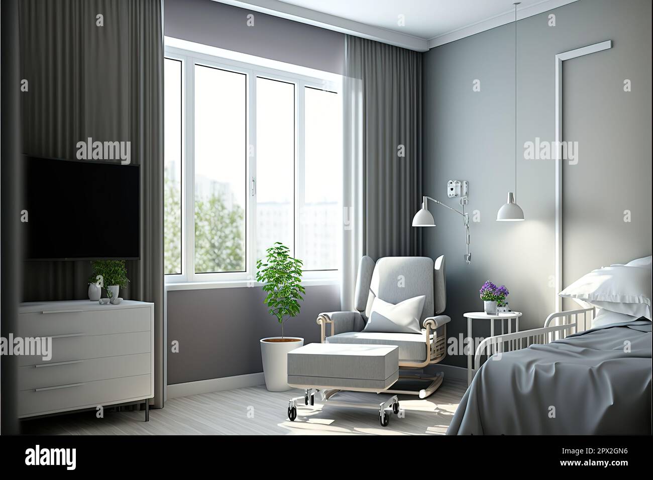 Side view of a gray walled hospital ward with a bed, a tv set, a white ...