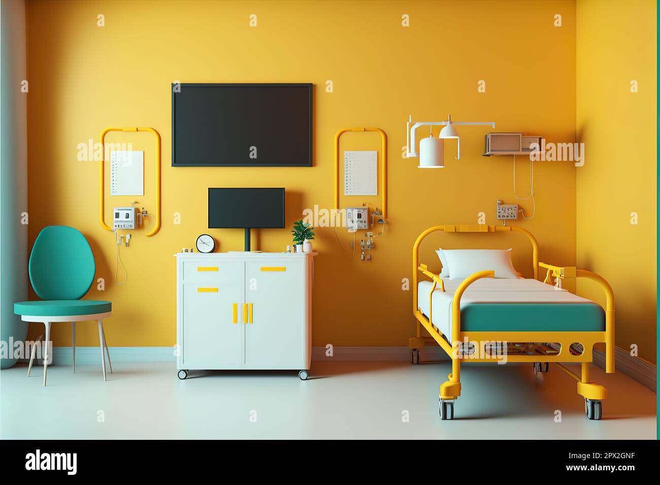 Side view of a hospital ward with yellow walls, two beds, two monitors ...