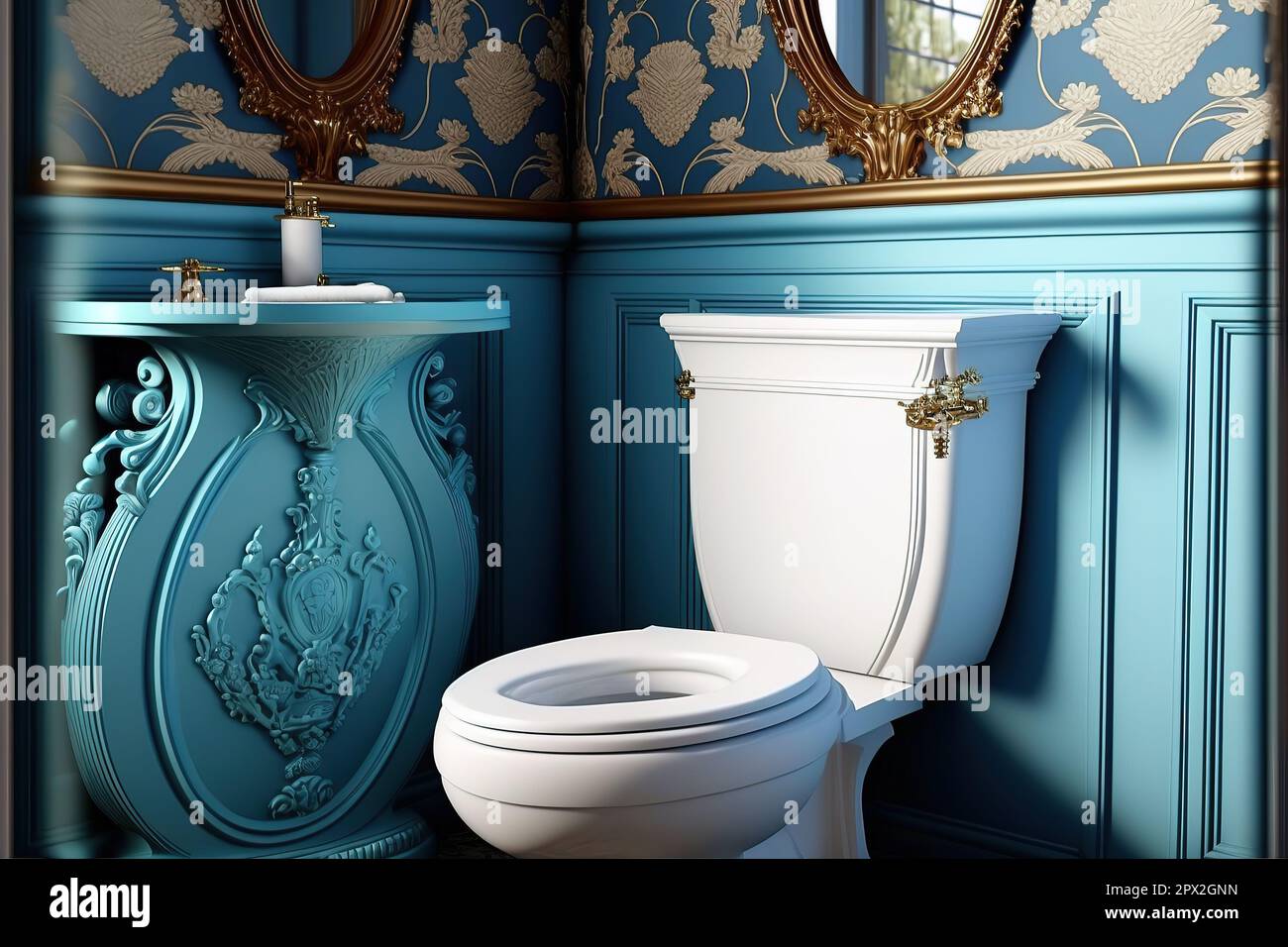 The toilet and bidet in the bathroom blue in classic design Stock Photo ...