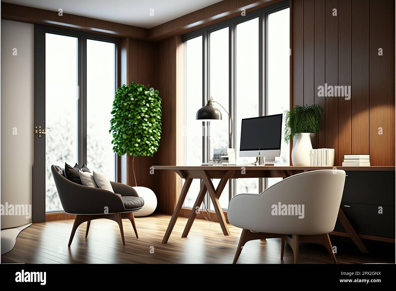 Wooden manage room with white armchairs and table with computer. Office ...