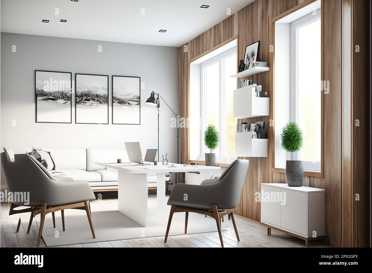 Wooden manage room with white armchairs and table with computer. Office ...