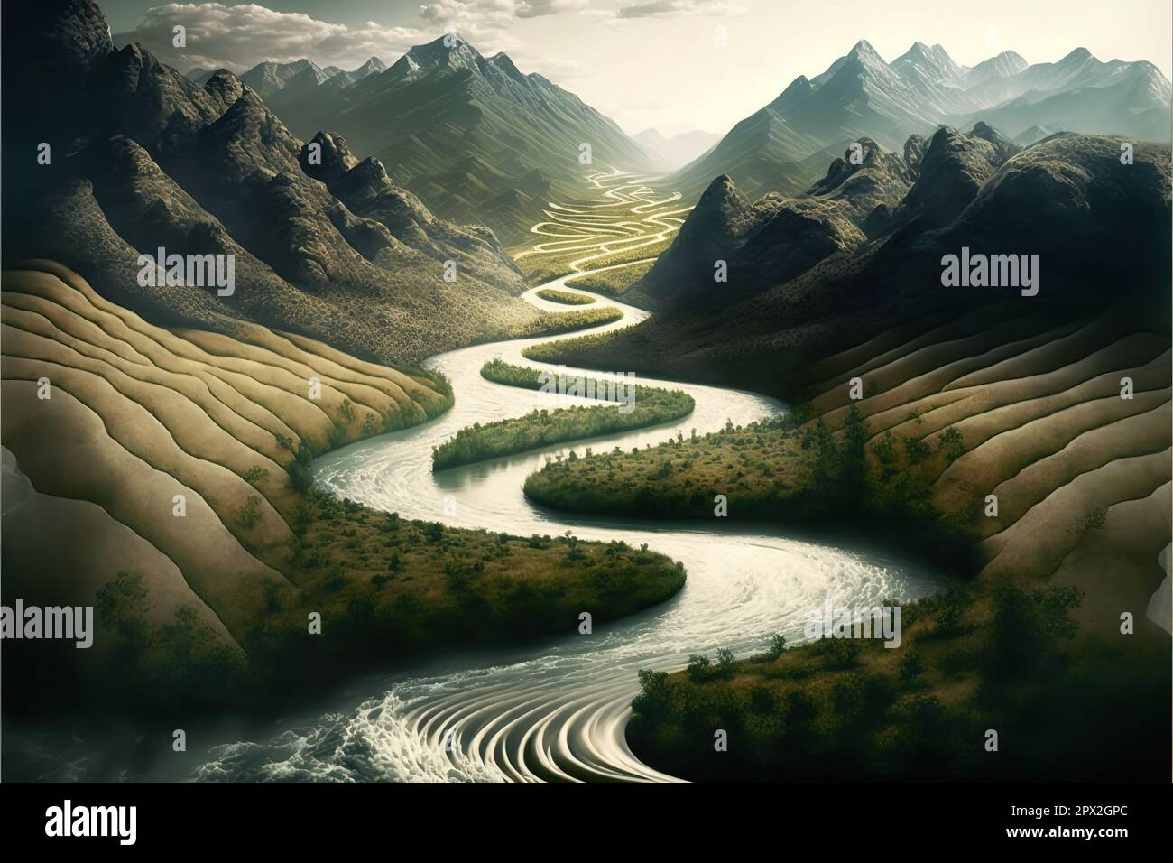Zigzag river flows between summer valleys Stock Photo - Alamy