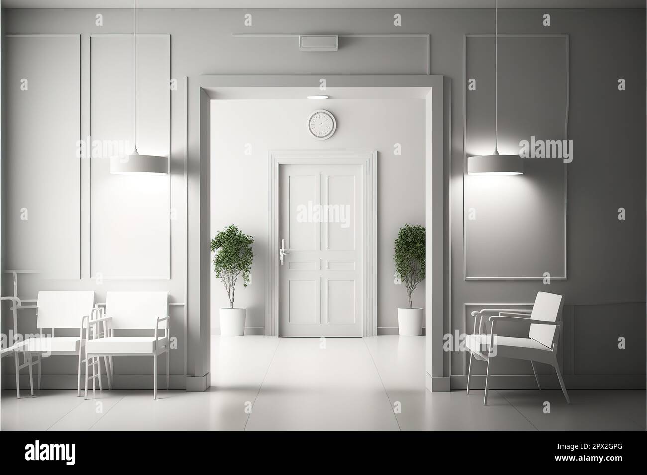White hospital corridor with doors and white chairs for patients ...