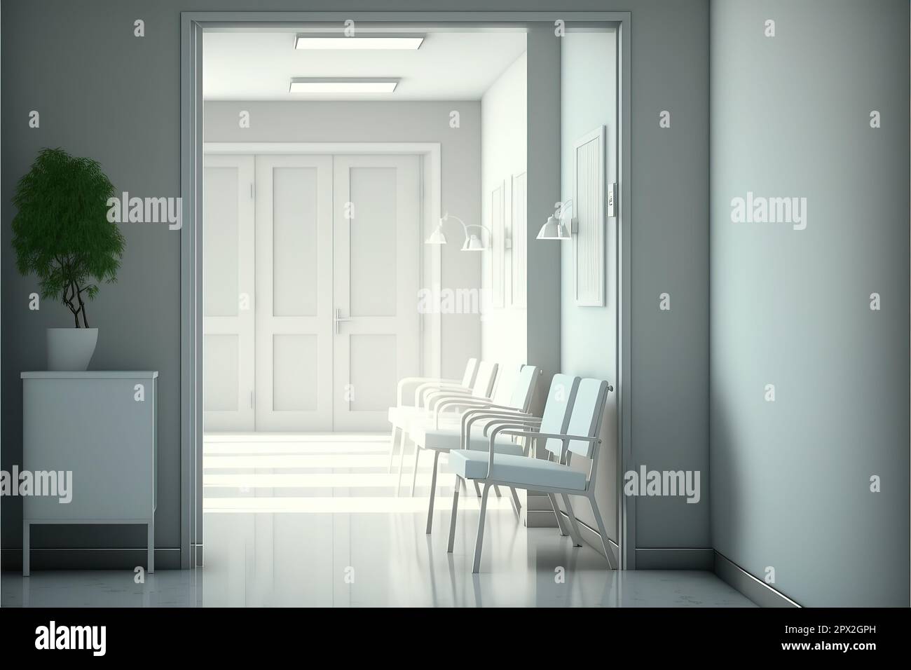 White hospital corridor with doors and white chairs for patients ...