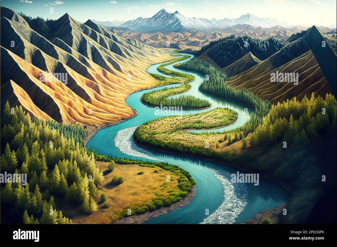 Zigzag river flows between summer valleys Stock Photo - Alamy