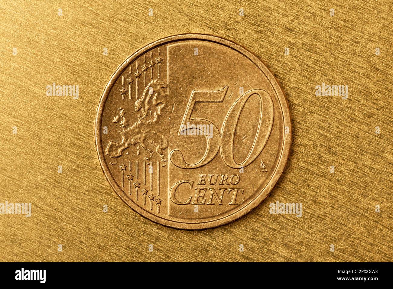 Close up shot of fifty euro cent with map of Europe on the coin face ...