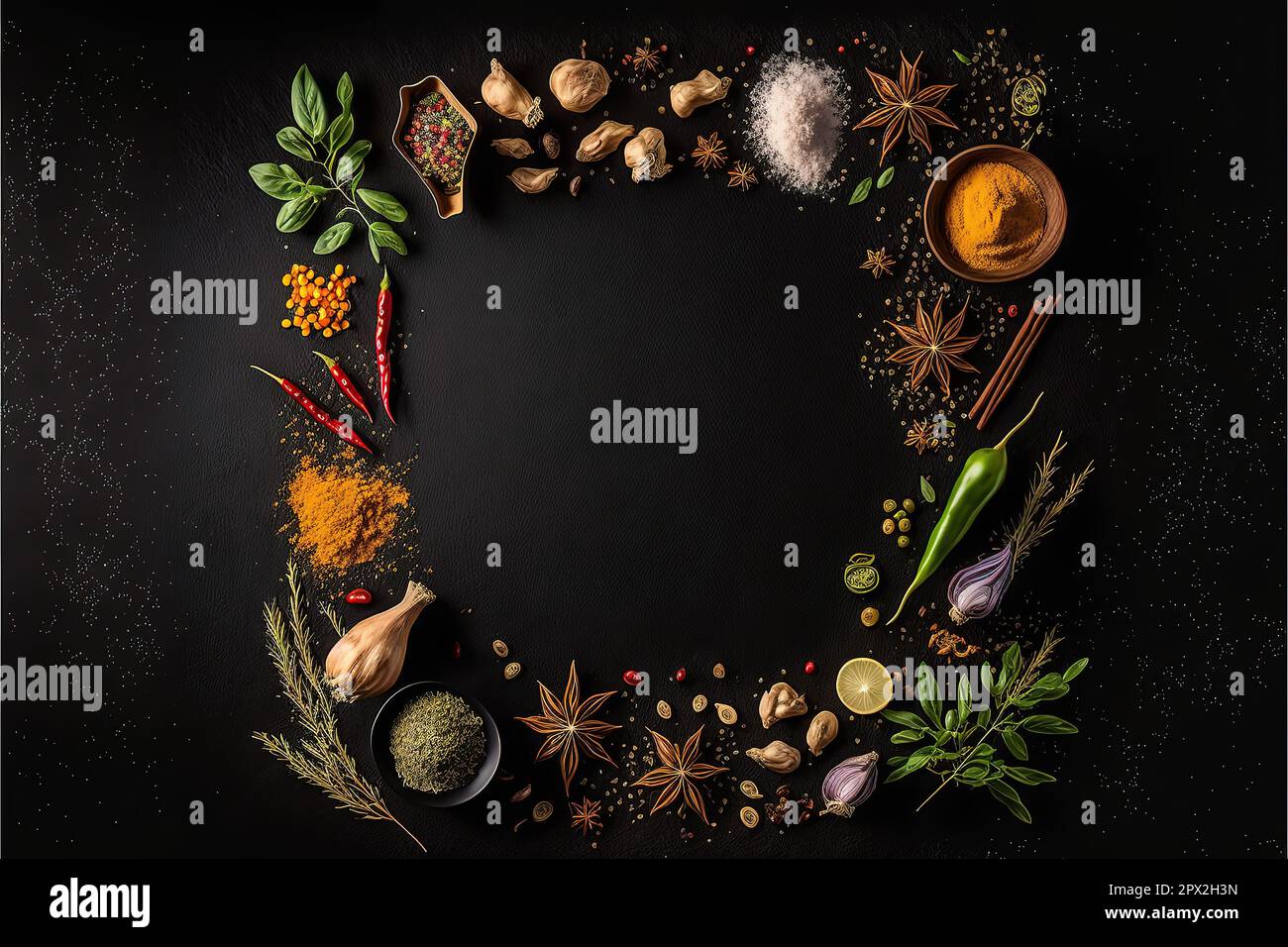 Cooking nd seasoning spices border on black slate background stock ...