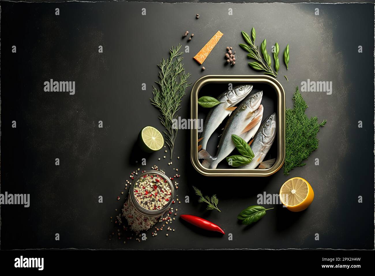 Empty board in frame of canned fish sea food set, on gray background ...