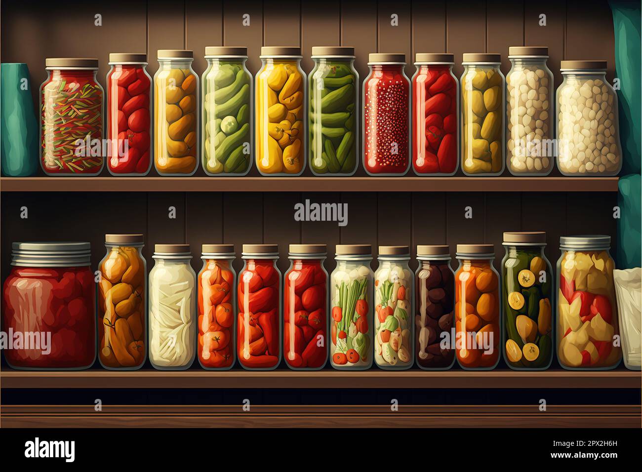 Horizontal view of two wooden shelves holding a variety of canned ...