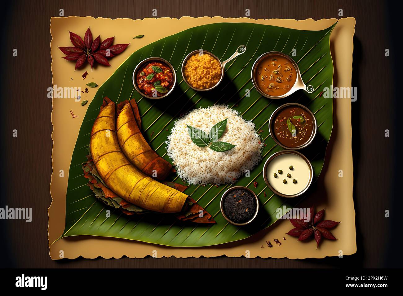 Kerala sadya traditional food served on banana leaf with rice sambar ...