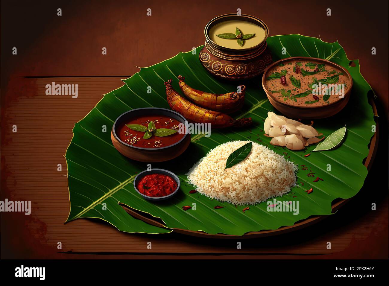 Kerala sadya traditional food served on banana leaf with rice sambar ...