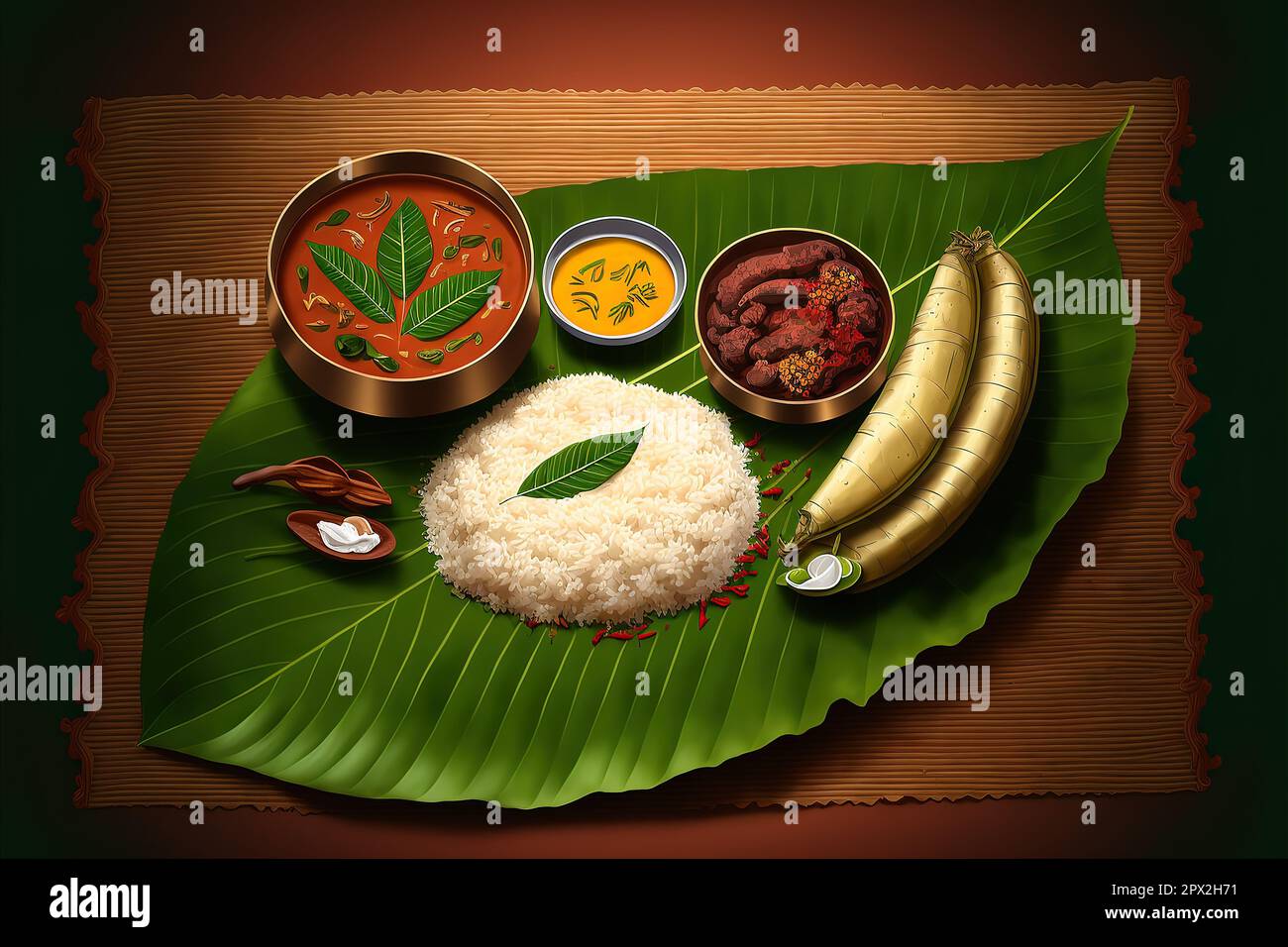 Kerala sadya traditional food served on banana leaf with rice sambar ...