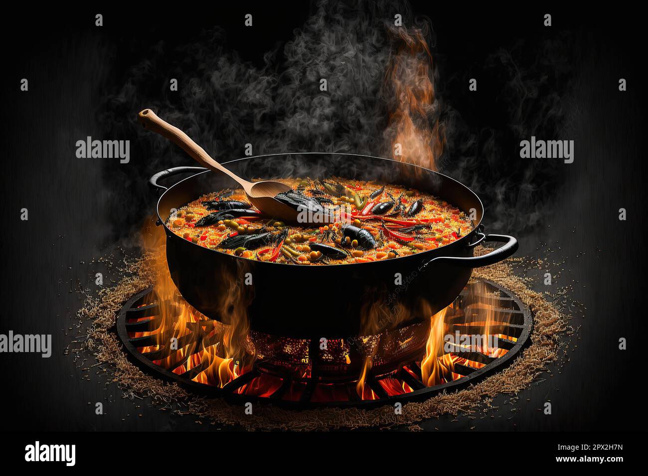 Pan with traditional paella and burner stock photo Stock Photo - Alamy