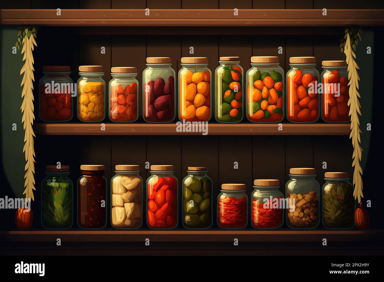 Two wooden shelves holding a variety of canned vegetables and fruits ...