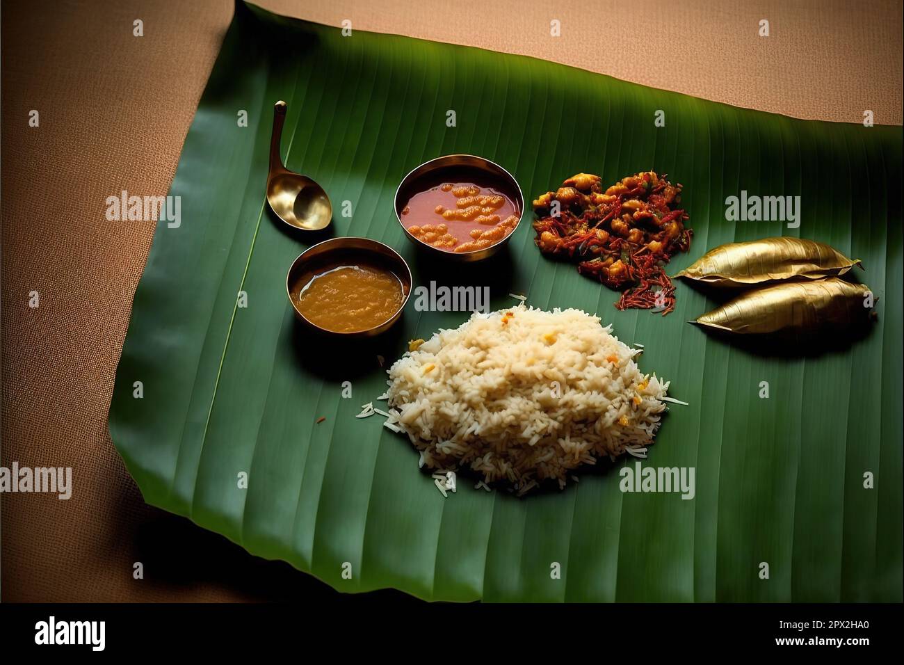 Traditional Onam sadya served in banana leaf Stock Photo - Alamy