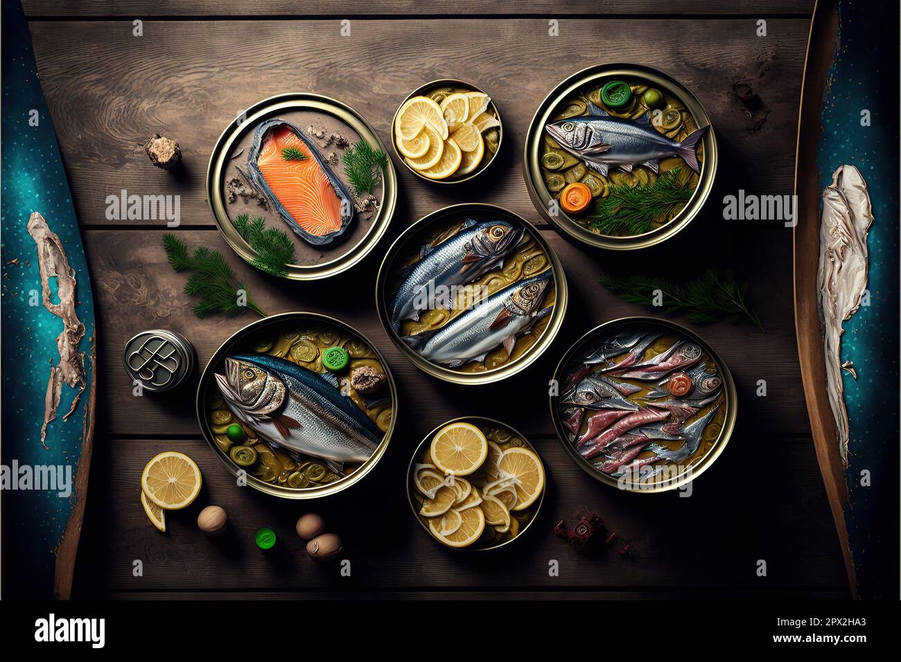 Various canned fish and seafood in a metal cans. Wooden background. Top ...