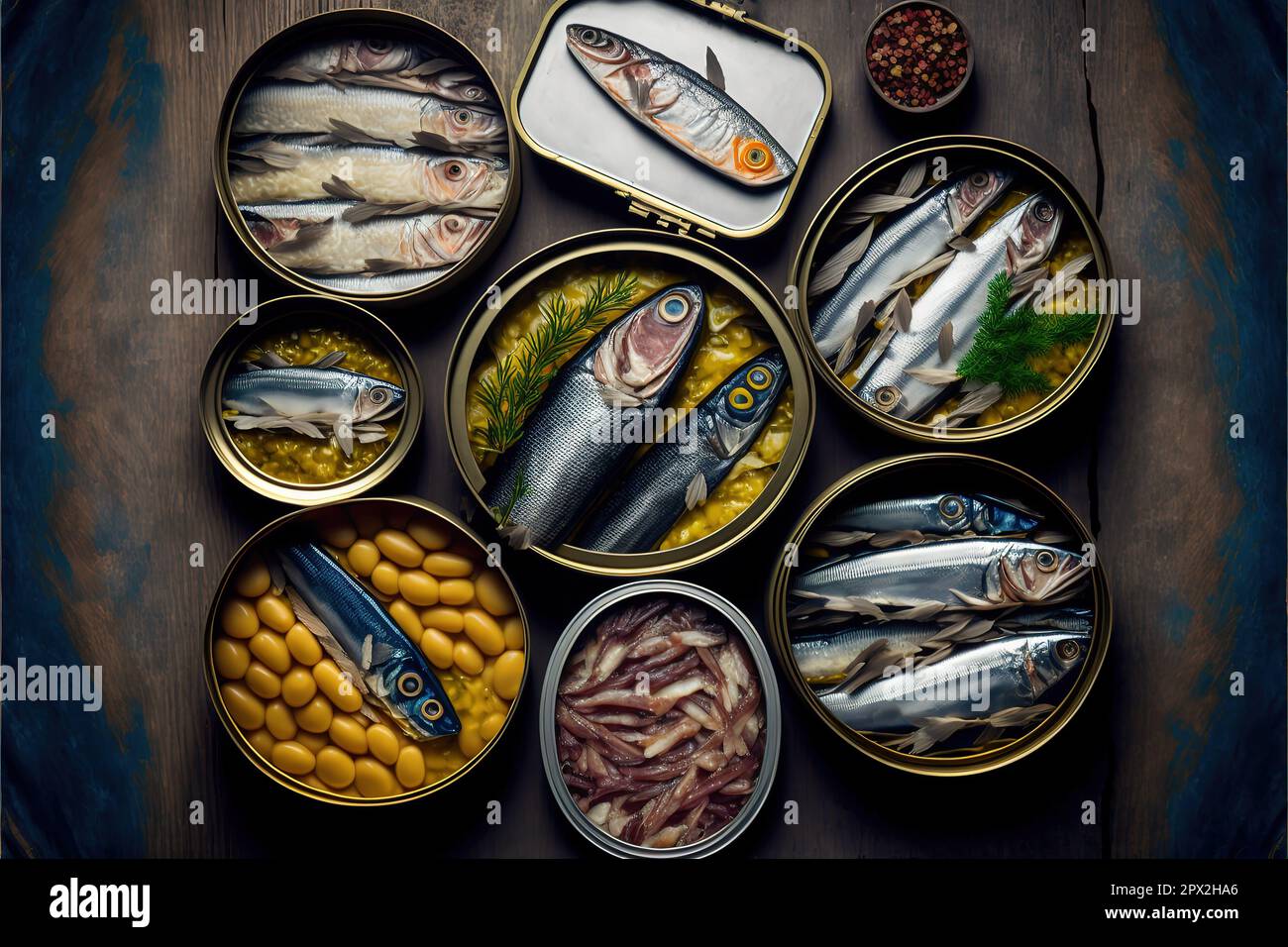 Various canned fish and seafood in a metal cans. Wooden background. Top ...