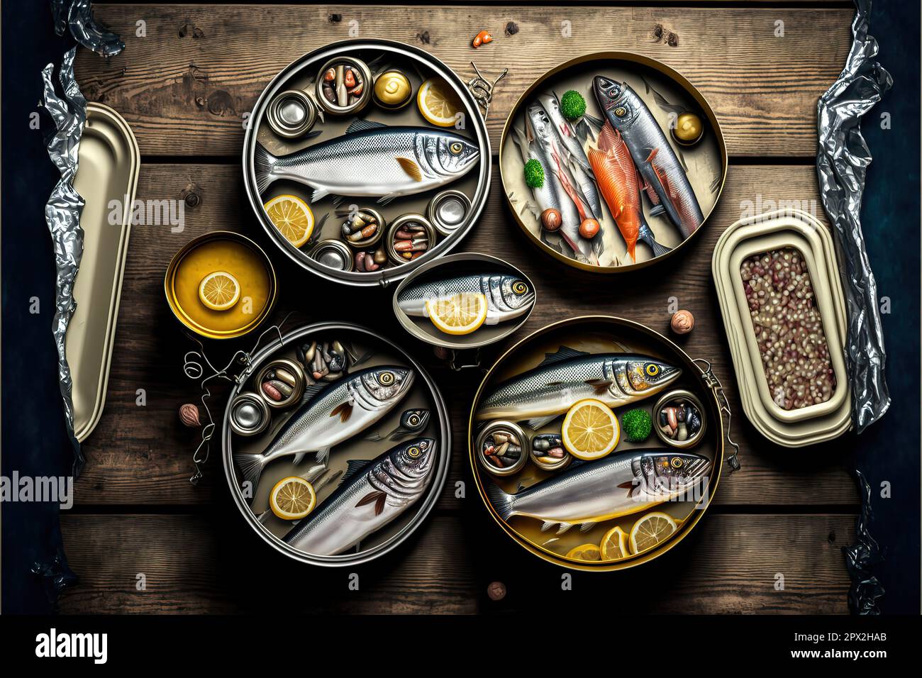 Various canned fish and seafood in a metal cans. Wooden background. Top ...