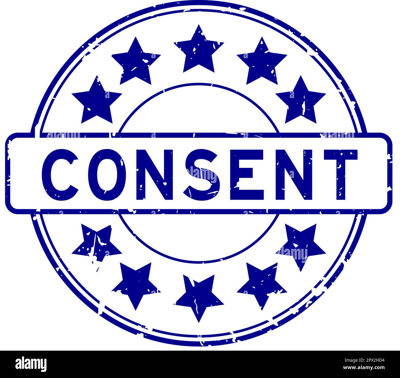 Grunge blue consent word with star icon round rubber seal stamp on ...