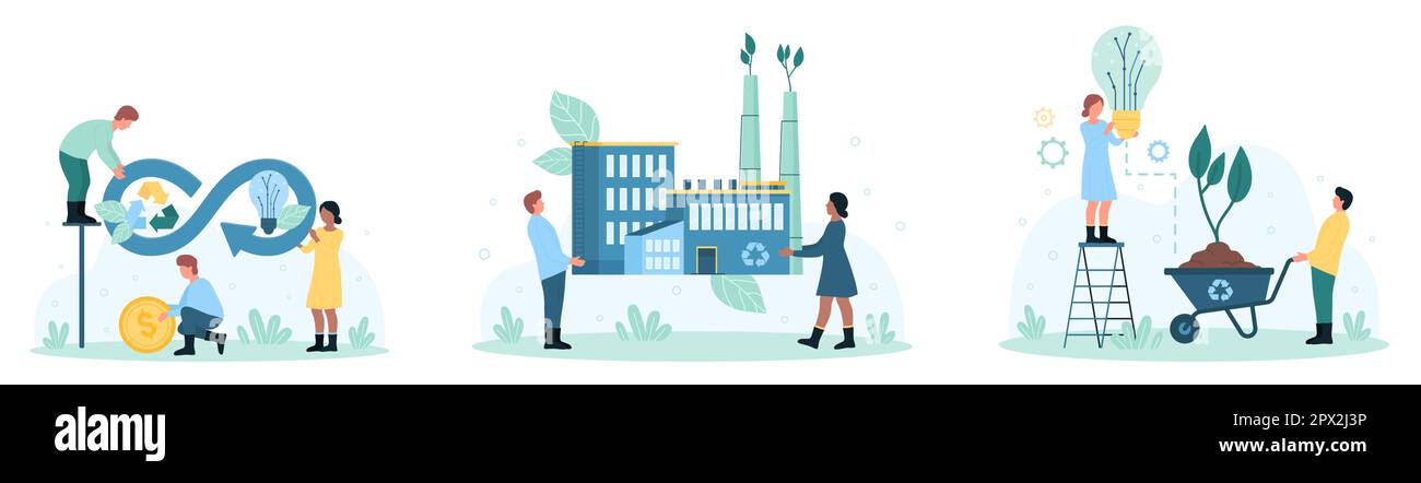 Circular economy, bio energy set vector illustration. Cartoon tiny ...