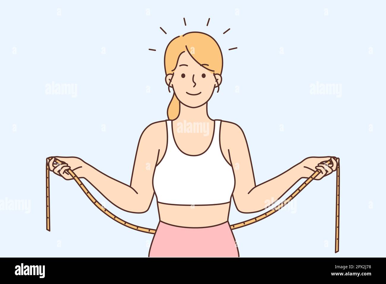 Smiling young woman in sportswear with measuring tape check measure ...