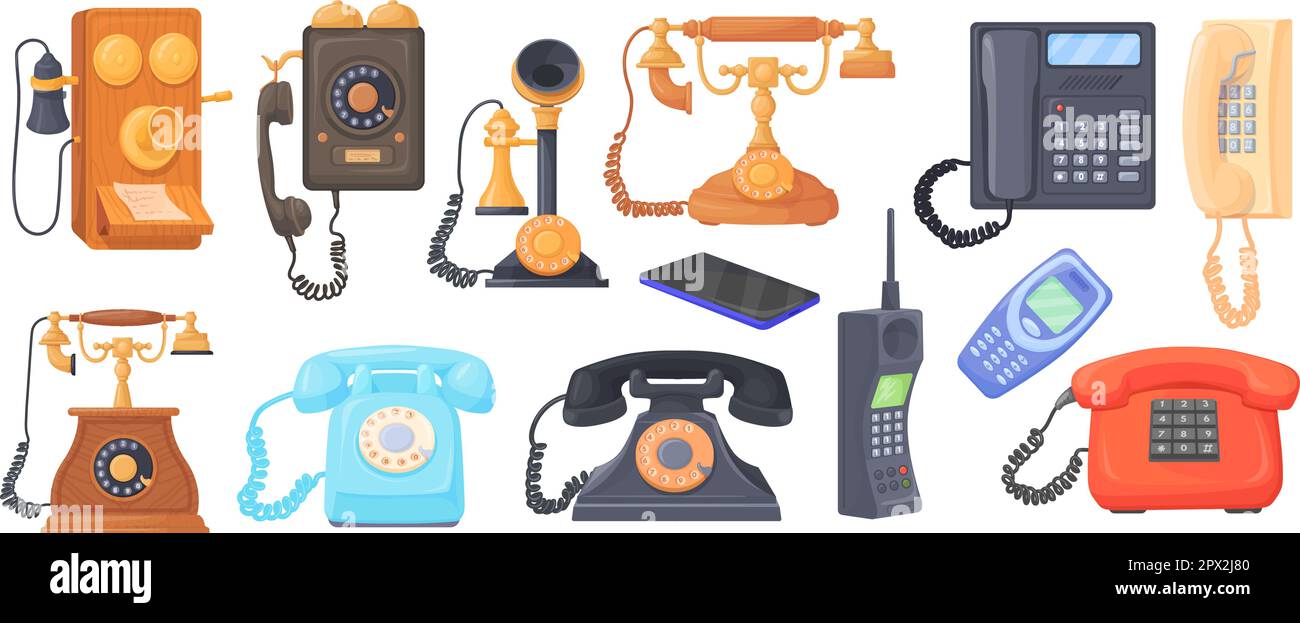 Cartoon retro telephones. Various old wire phones for call, antique ...