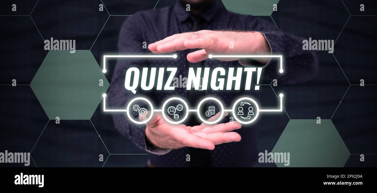 Text caption presenting Quiz Night, Business showcase evening test ...