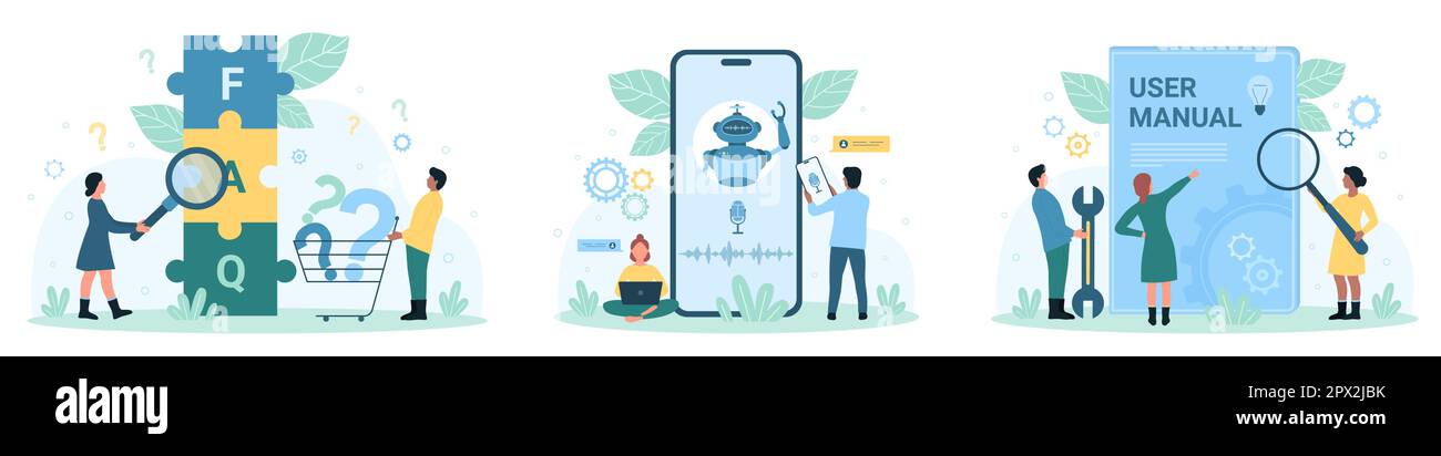 FAQ inquiry set vector illustration. Cartoon tiny people look through ...