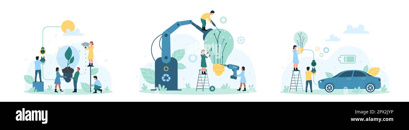 Green energy, eco technology set vector illustration. Cartoon tiny ...