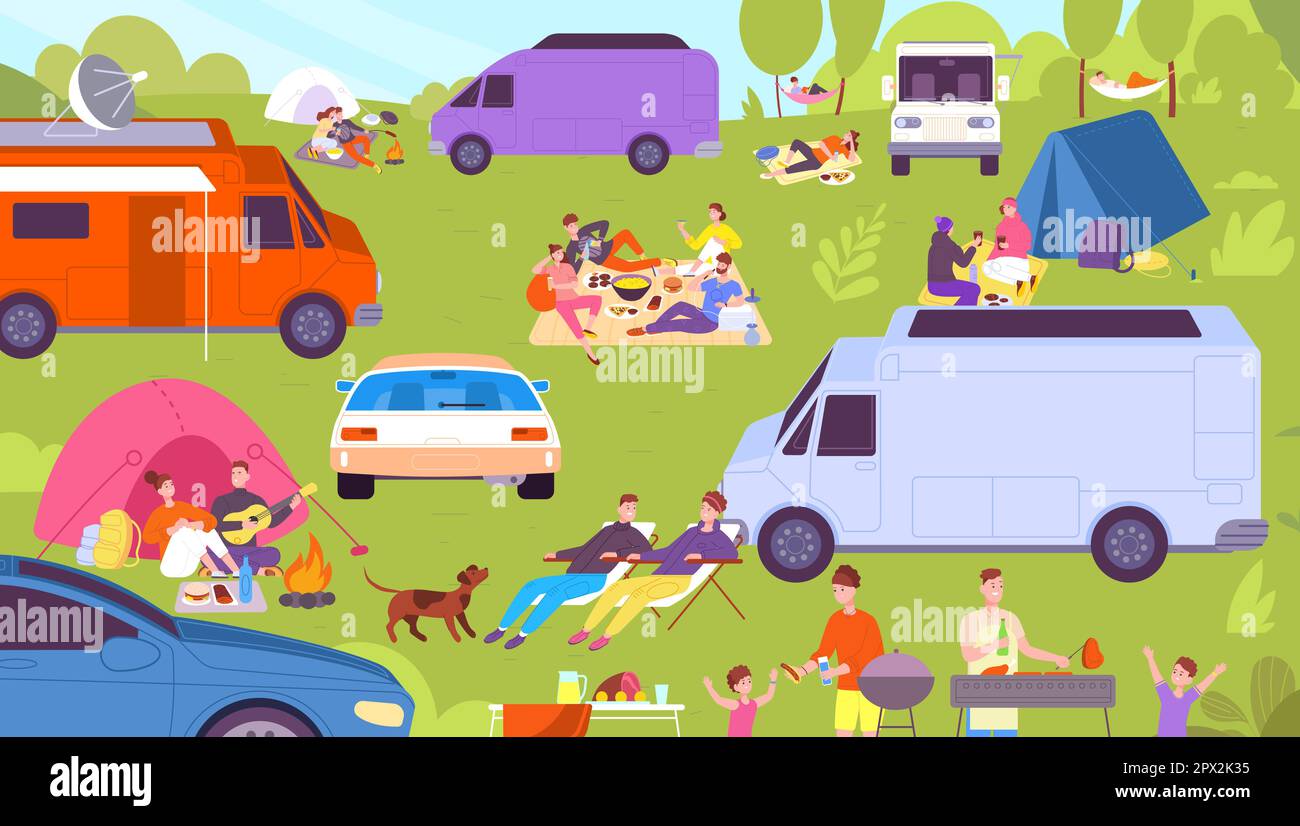 Summer camp festival. People picnic in spring forest, friends eating ...