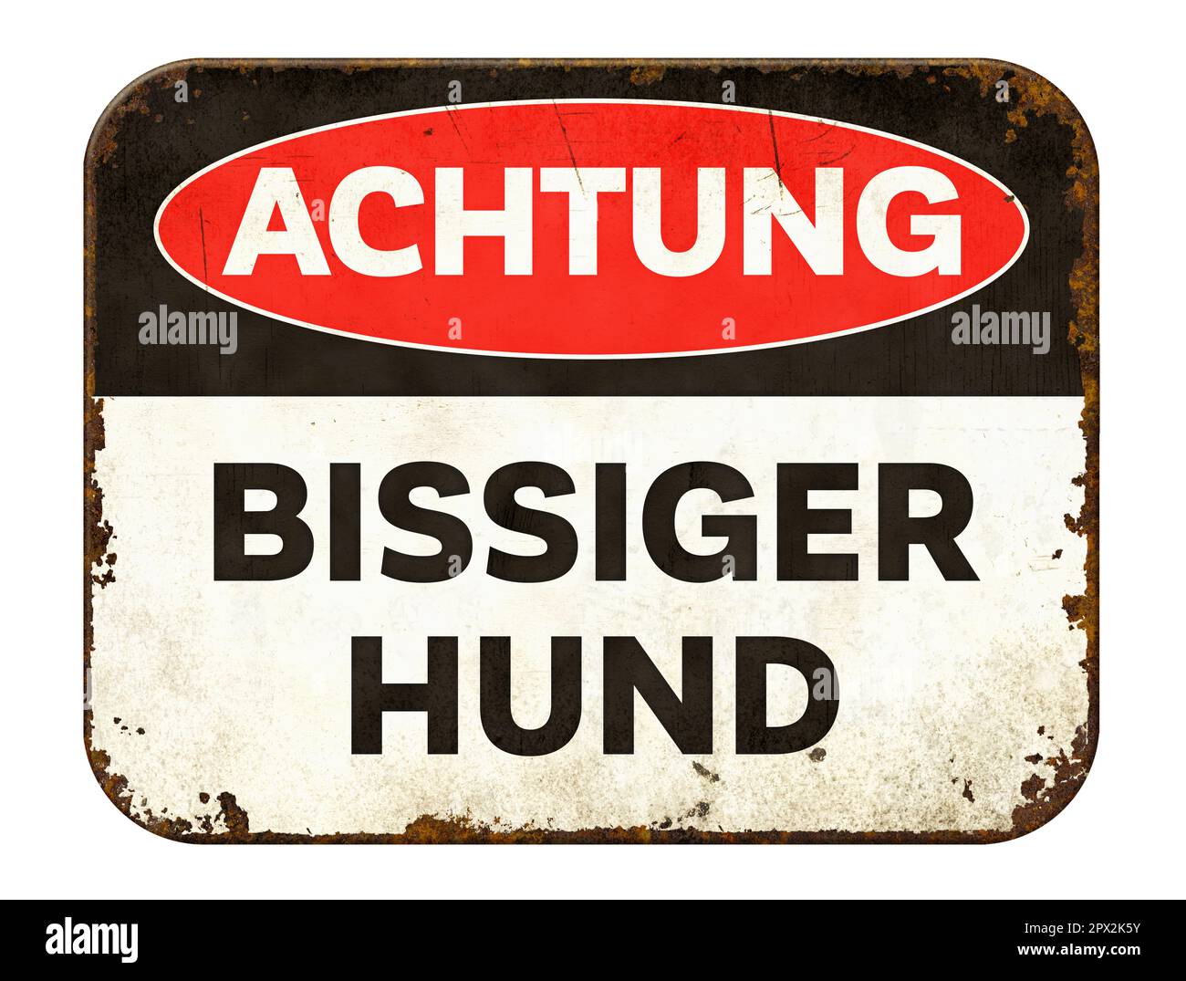 Vintage tin danger sign on a white background - Biting dog in german ...