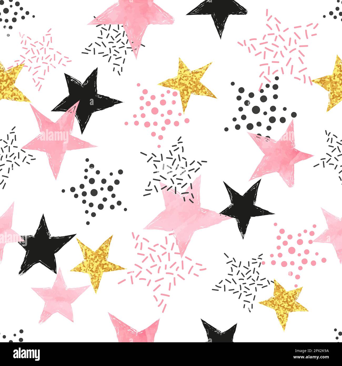 Seamless Stars Pattern Vector Background With Watercolor Pink And