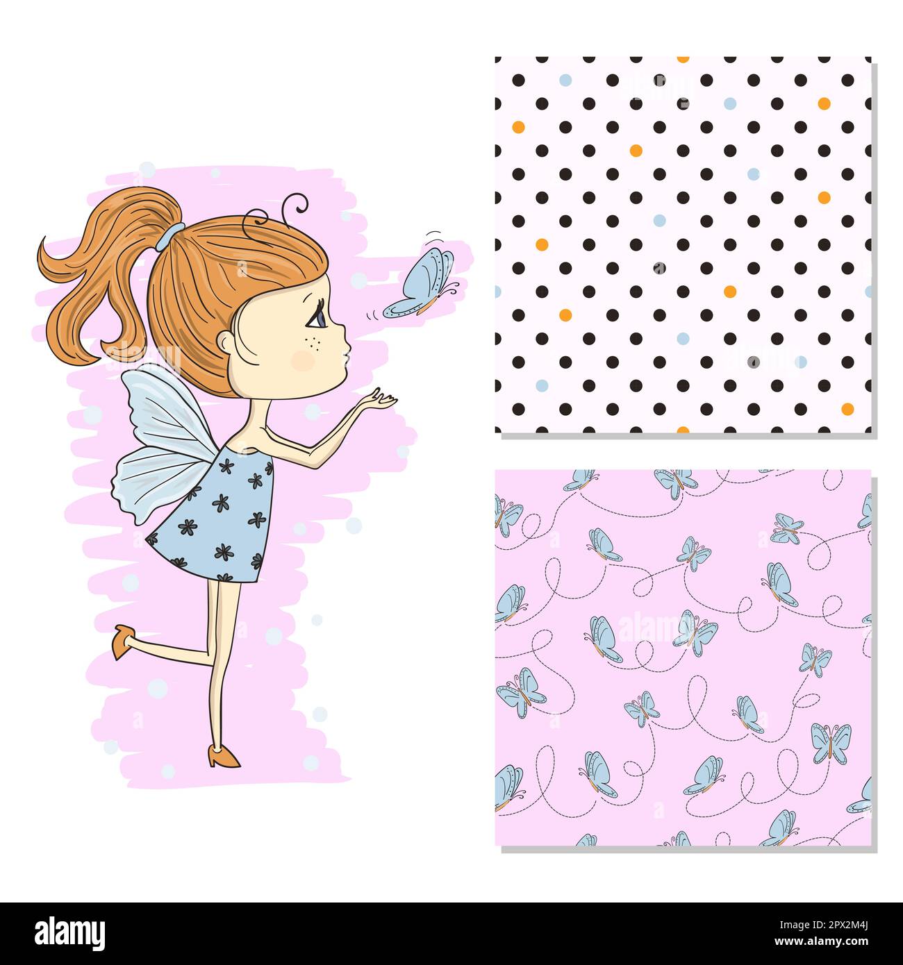 Cute little girl in a butterfly costume. Fashion print set with ...