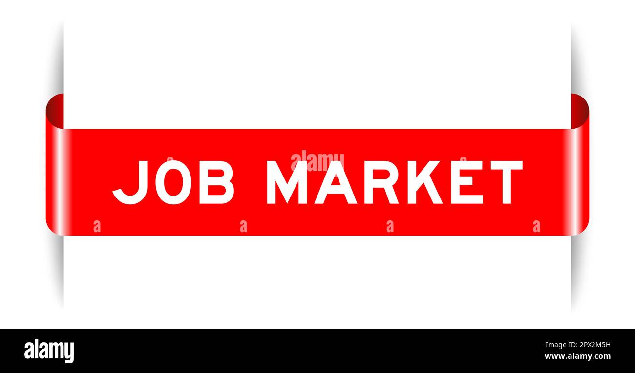 Red color inserted label banner with word job market on white ...