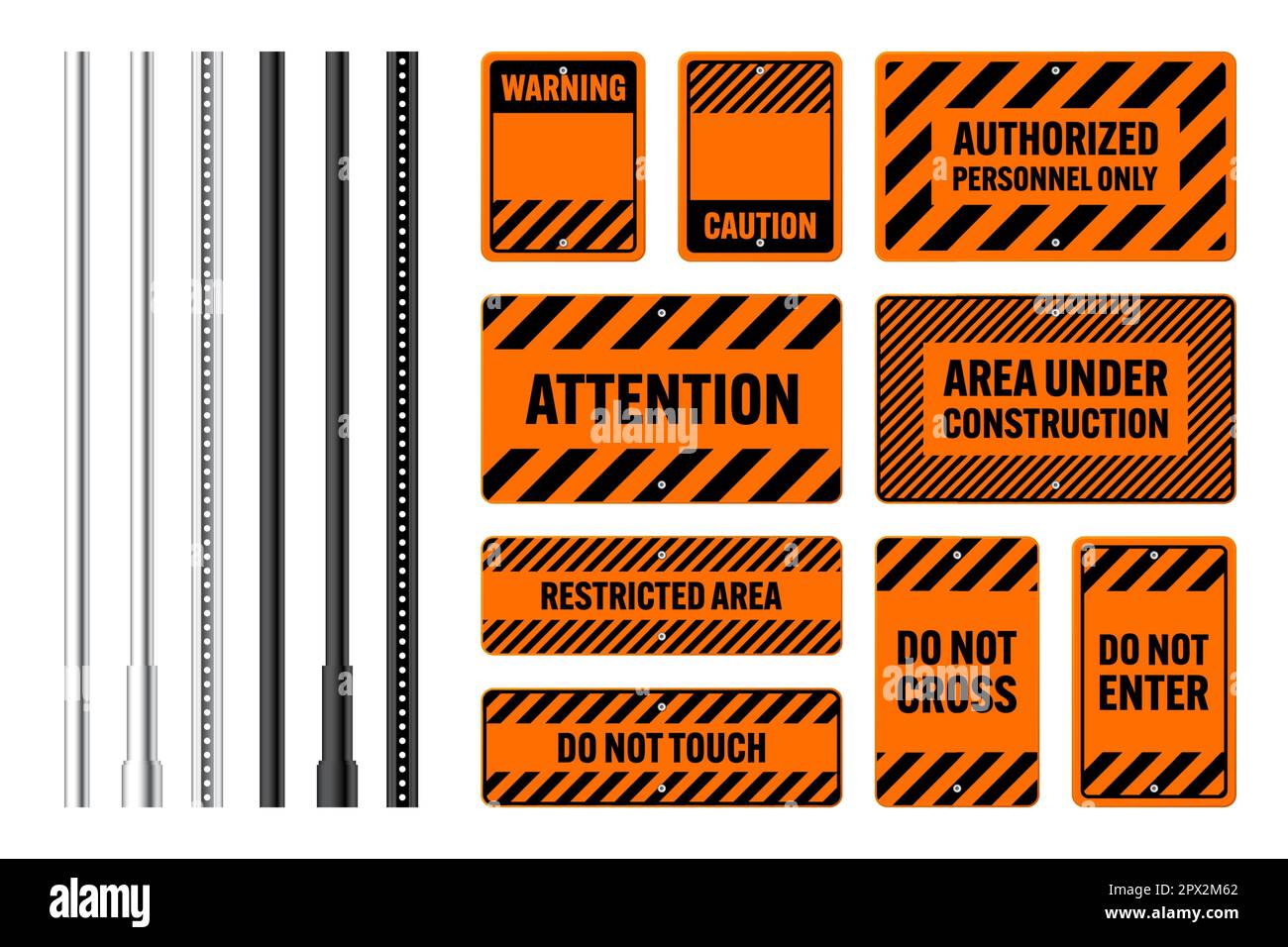 Warning, danger signs, attention banners with metal poles. Orange ...