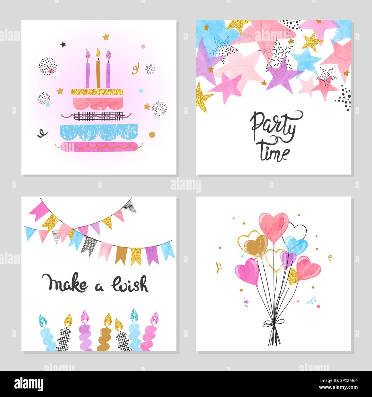 Happy Birthday cards set. Celebration colorful vector illustrations ...