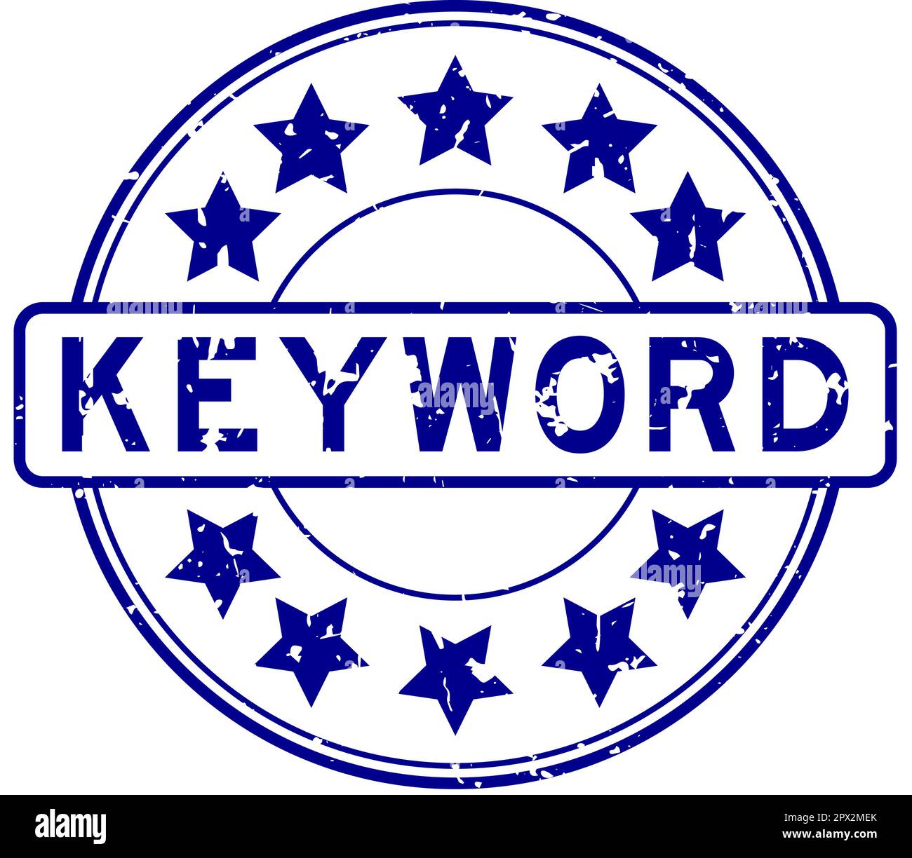 Grunge blue keyword word with star icon round rubber seal stamp on ...