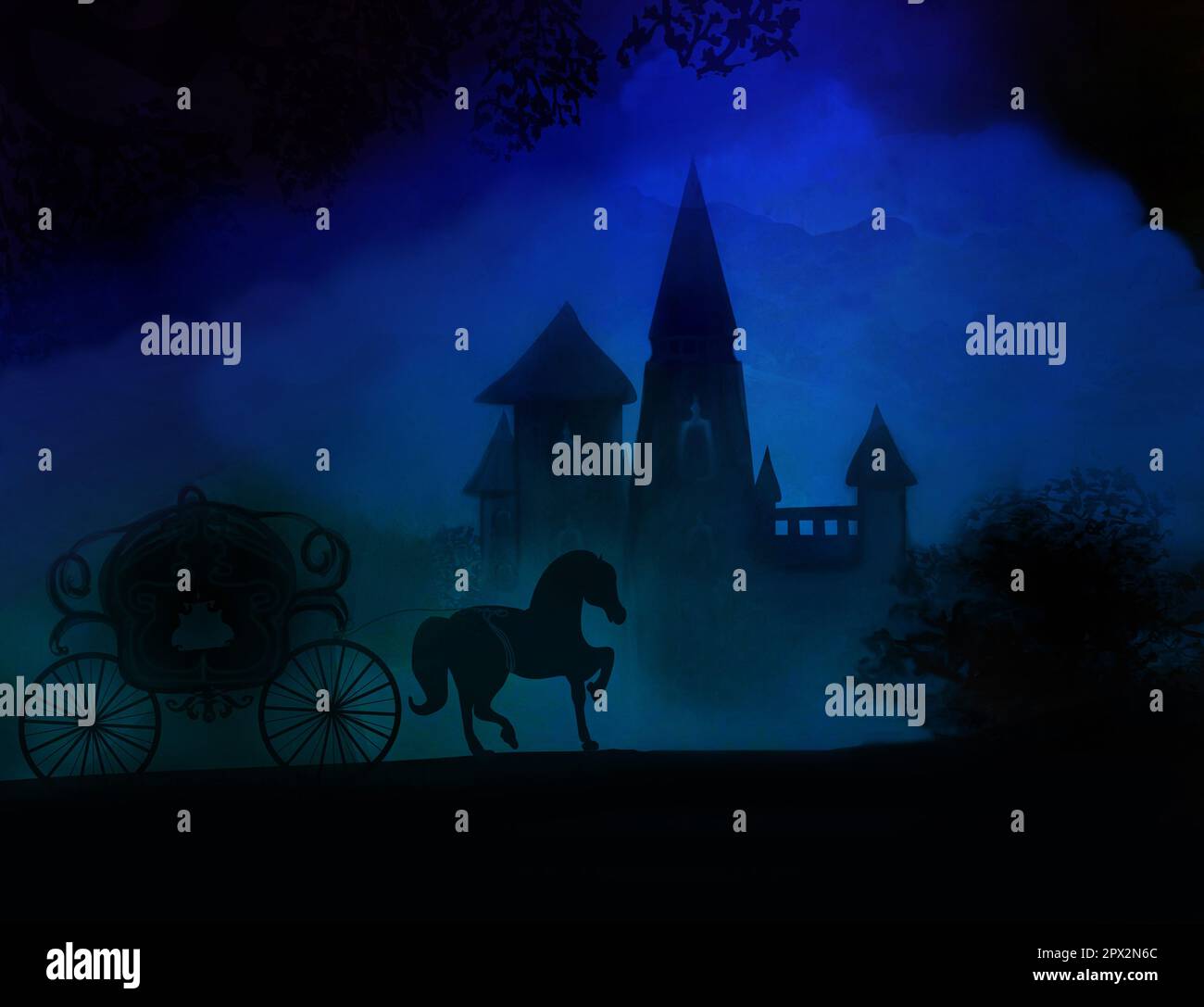 carriage and a medieval castle in the night Stock Photo - Alamy