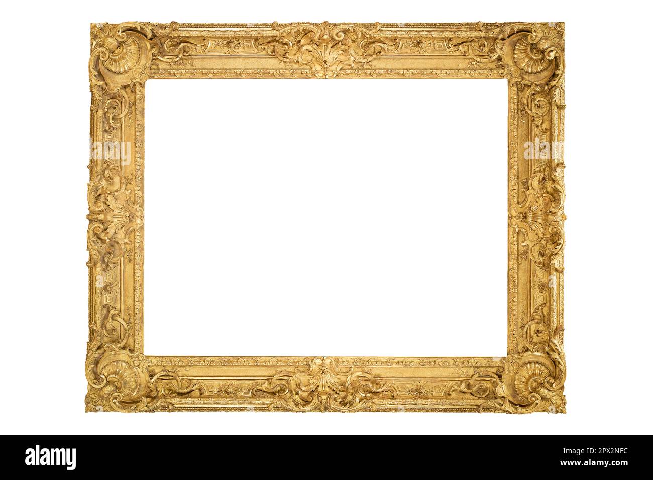 Wooden broad picture frame white background isolated detailed gold wide ...