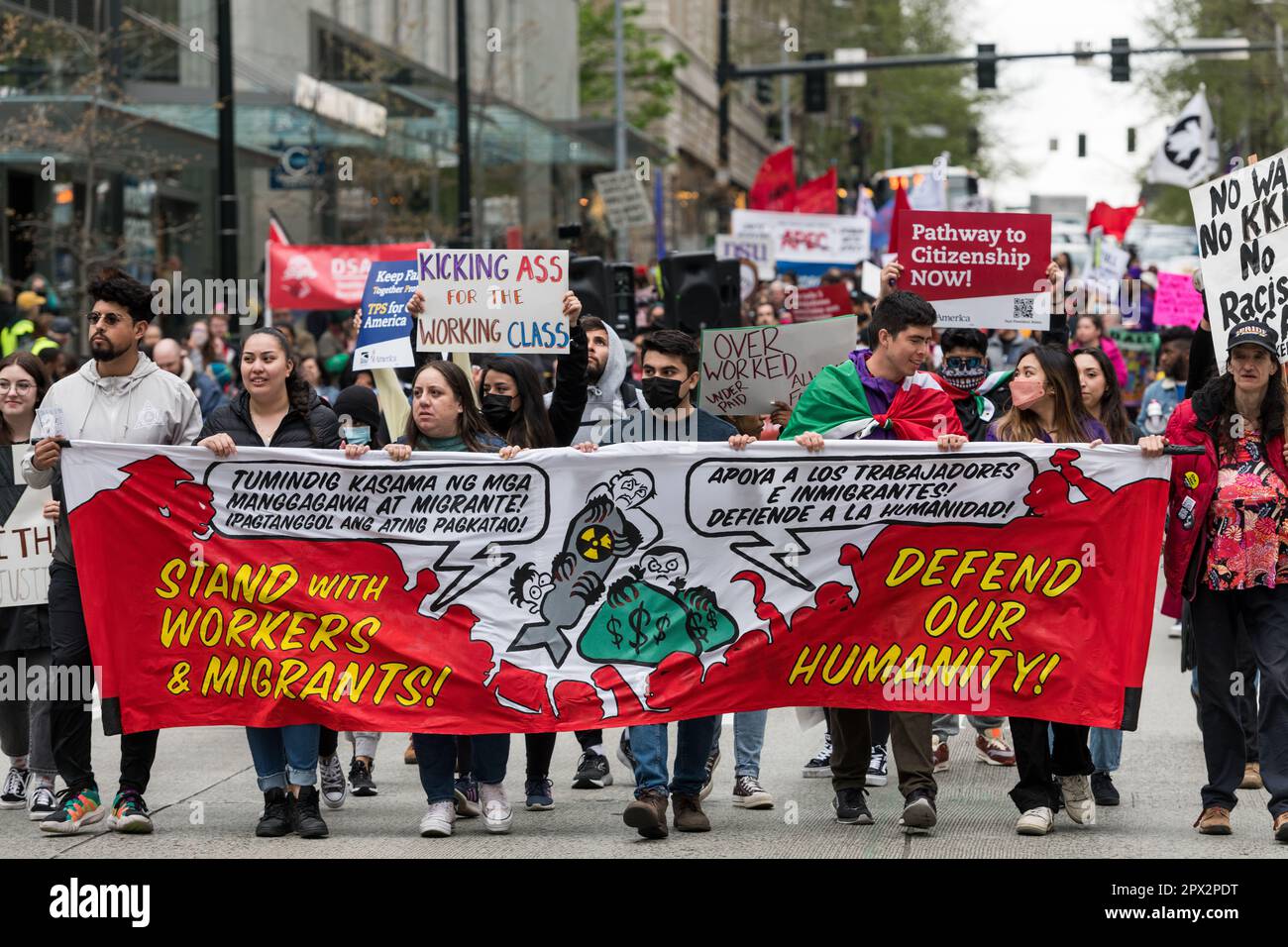 Seattle, USA. 1 May, 2023. Workers rallying at the federal building ...