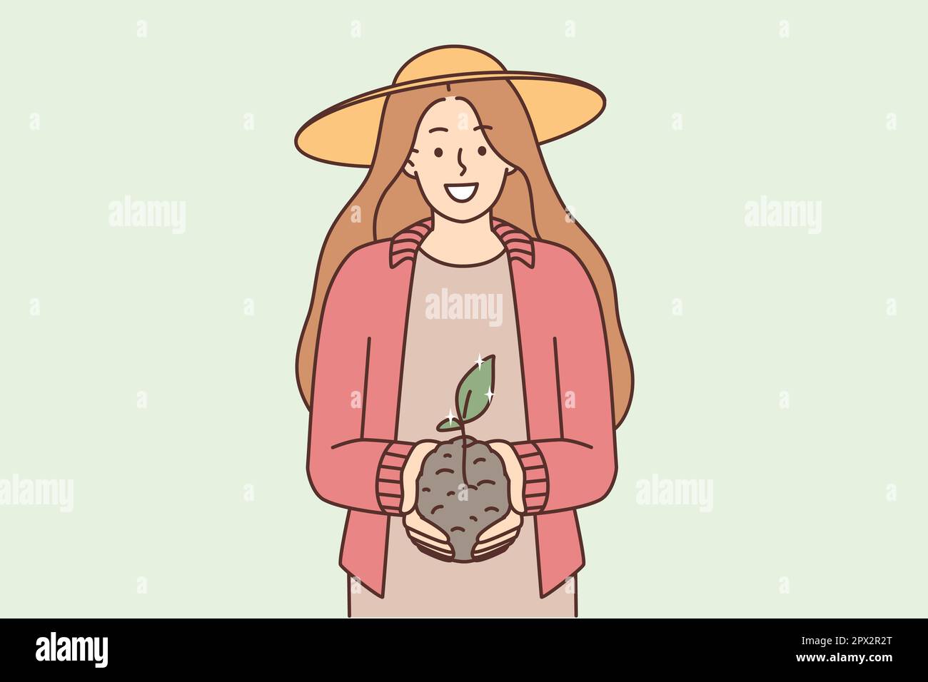 Smiling young woman holding soil with seedling in hands. Happy girl ...