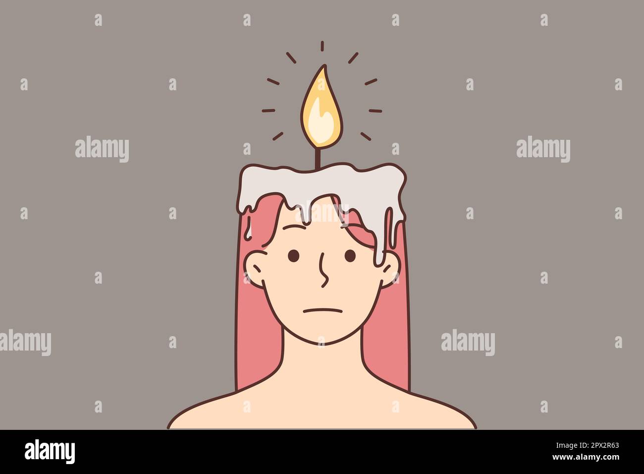 Distressed young woman with head burning as candle. Unhappy female with ...
