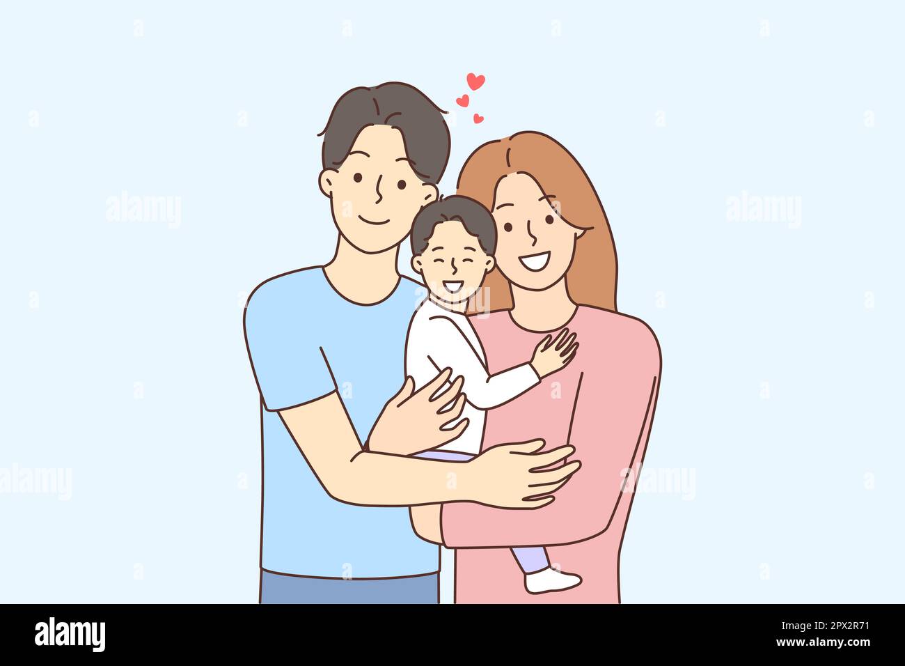 Happy young family with baby child in hands. Smiling parents hug cuddle ...