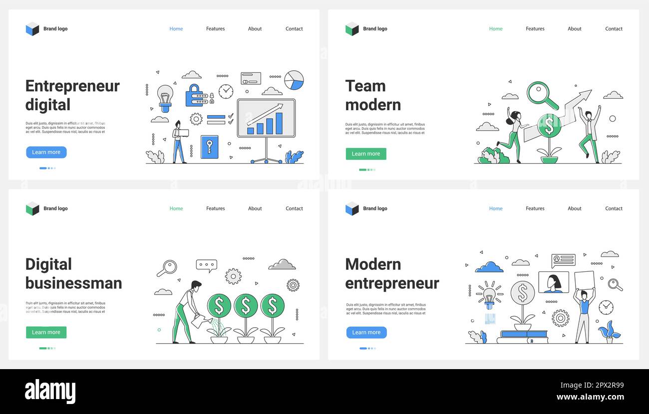 Modern entrepreneur team, digital business development set vector illustration. Cartoon tiny ...