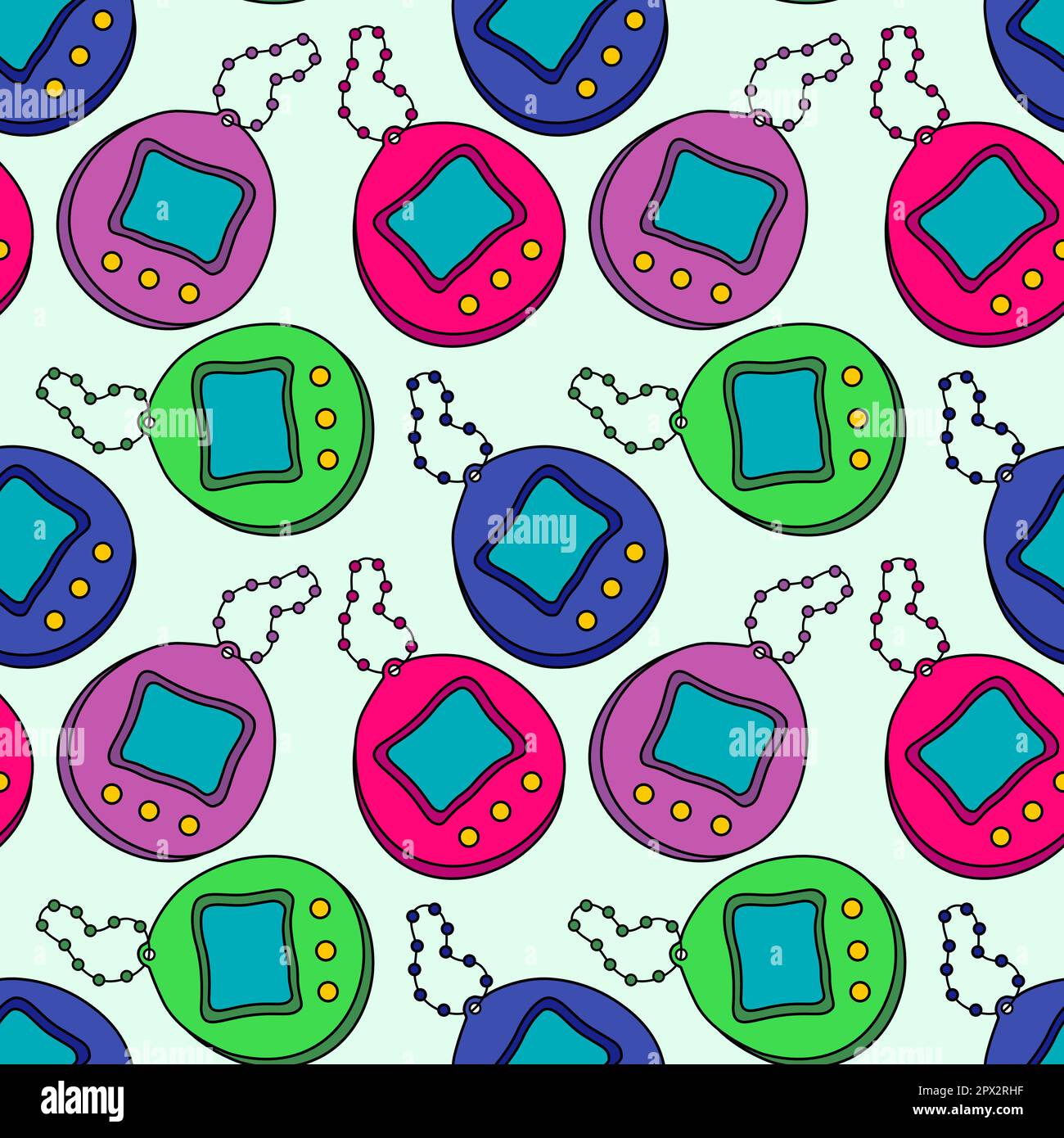 Retro seamless pattern set with colorful tamagotchi. Cute background ...