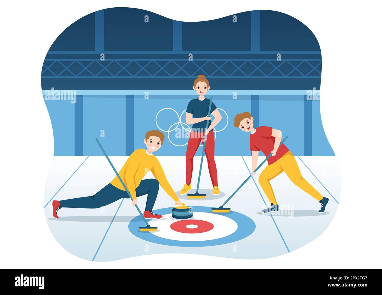 Curling Sport Illustration with Team Playing Game of Rocks and Broom in ...