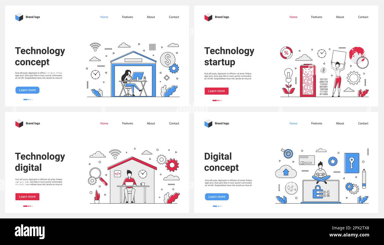 Digital startup technology, freelance and telework set vector illustration. Cartoon tiny people ...